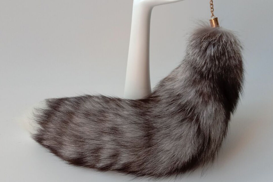 Gray Black Fox Tail Keychain Real Fur Keychain Real Fox Fur Tail Cute ...