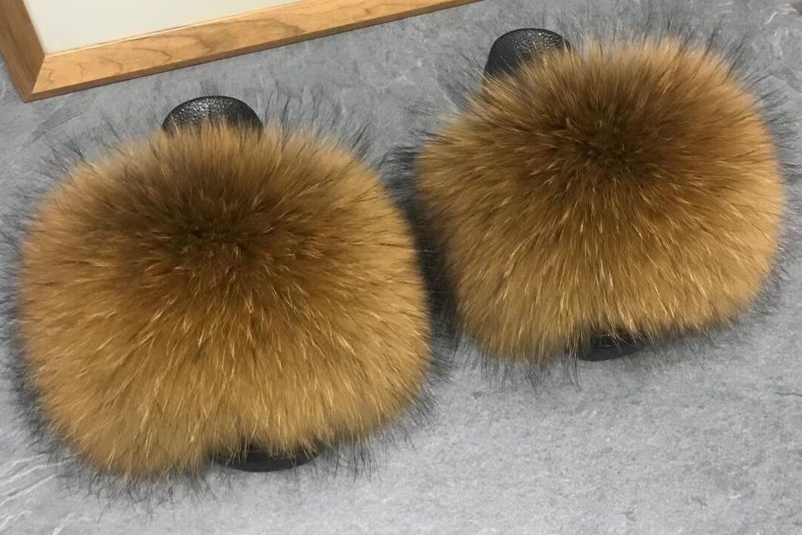 Oversized Raccoon fur real Natural real raccoon fur slides | Etsy