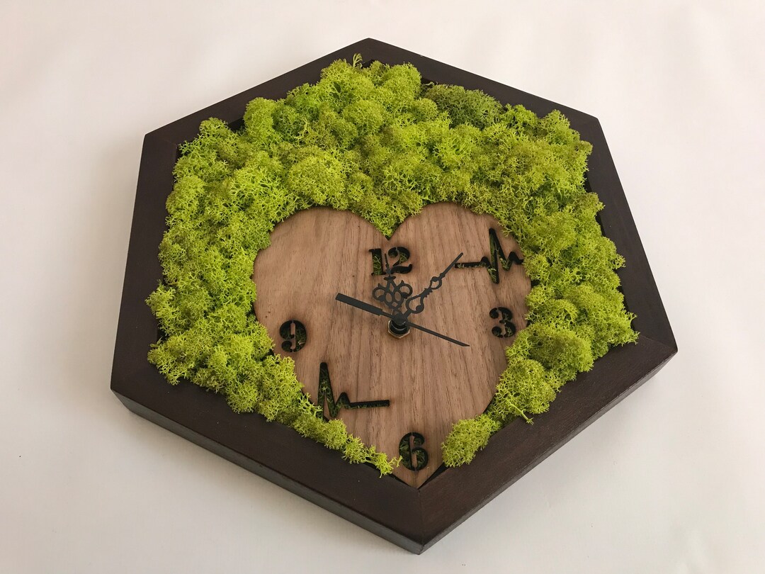Handmade Wall Clock With Moss Moss Wall Clock Engraved Wood - Etsy