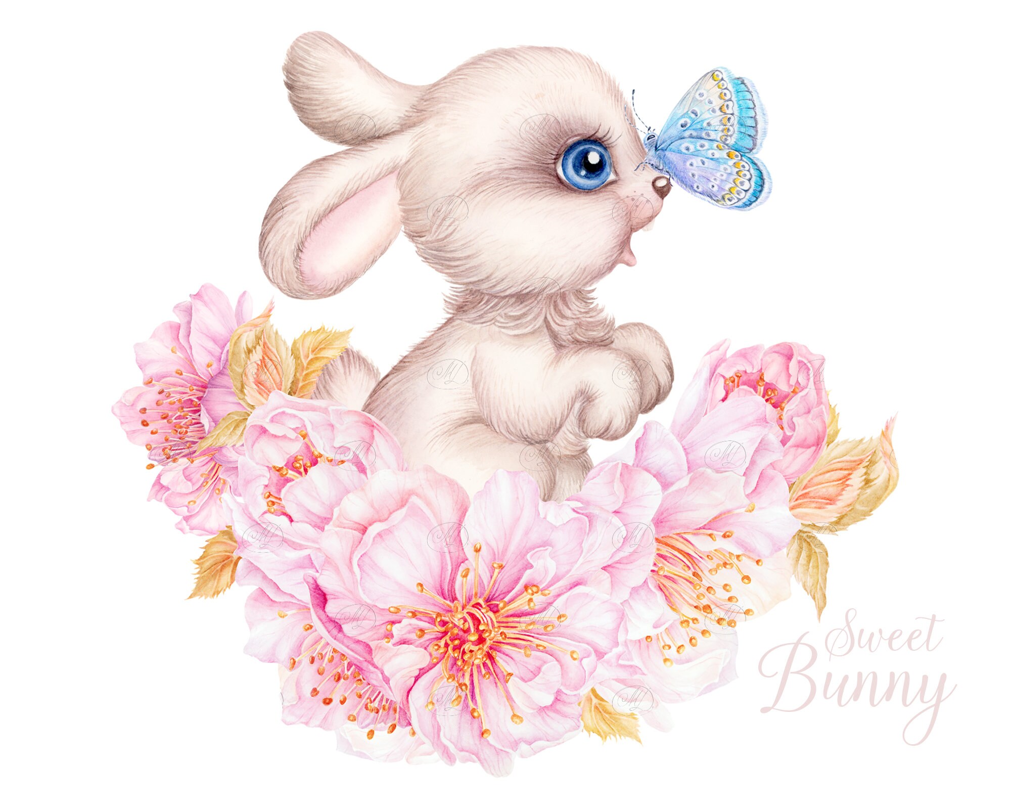 Cute Bunny in Flowers wreath Nursery art Rabbit sublimation | Etsy