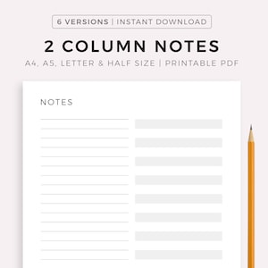 2 Column Notes Page Printable, Notes Template, Writing Paper, Notes ...