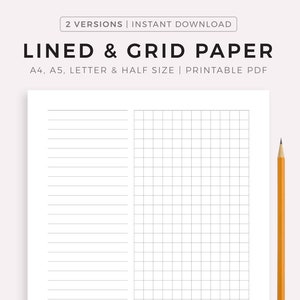 Lined & Grid Paper Printable, A4/a5/letter/half Size, Instant Download ...