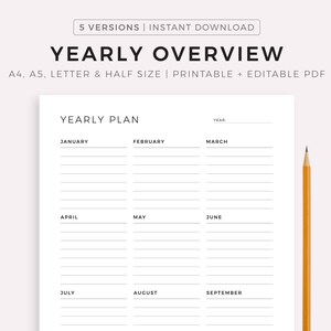 Yearly Overview Printable Yearly Planner on One Page Year At | Etsy