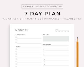 7 Day Planner Printable, Daily Planner, Weekly Planner, Daily to Do ...