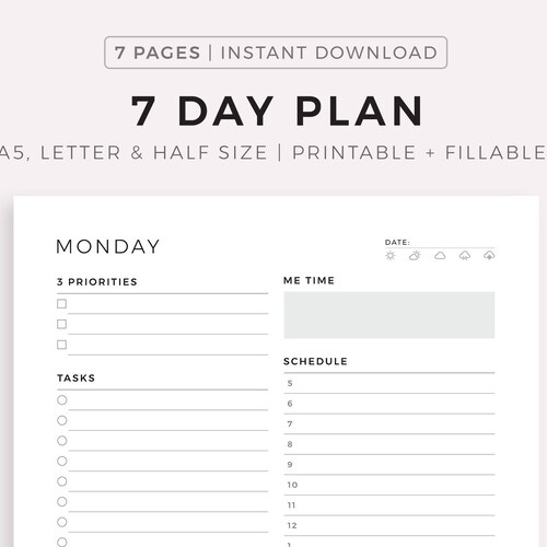 7 Day Planner Printable Daily Planner Weekly Planner Daily - Etsy