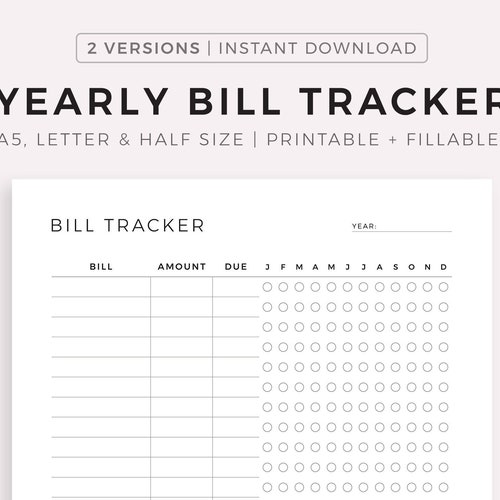 Yearly Bill Tracker Printable Landscape Bill Payment - Etsy
