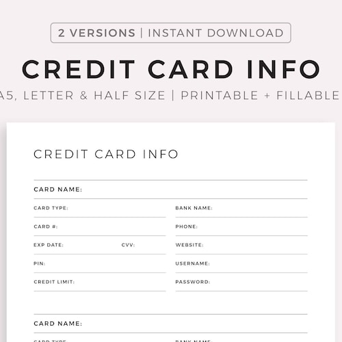 Credit Card Information Tracker Printable & Fillable Credit - Etsy