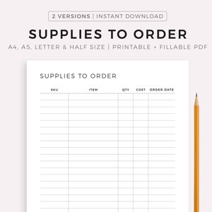 Supplies to Order Tracker Printable, Supplies Management Form, Small ...