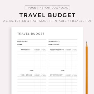 Travel Budget Planner Printable, Work / Holiday Spending Worksheet ...