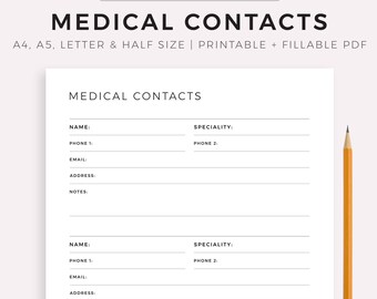 Medical Contacts ⦁ Minimalist Printable Productivity PDF Template ...