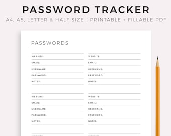Password Tracker Printable & Fillable, Password Keeper, Password ...