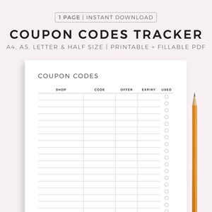 Coupon Codes Tracker Printable, Coupon Organizer, Shop Discount Code ...