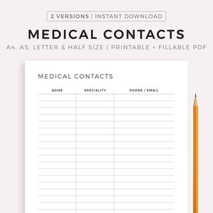 Medical Contacts List Template, Healthcare Contacts, Doctor Contacts ...
