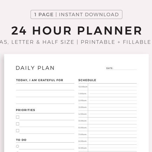 24 Hour Daily Planner Printable Daily to Do List for Work / - Etsy