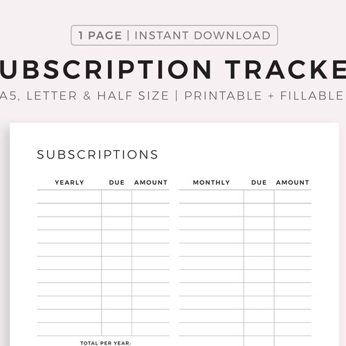 Monthly Quarterly Yearly Subscription Tracker Printable Etsy