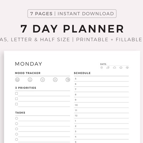 7 Day Planner Printable Daily Planner Weekly Planner Daily - Etsy