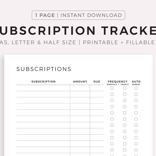 Subscription Tracker Printable Membership Checklist Expense - Etsy