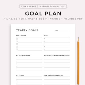Goal Planner Printable & Fillable PDF - Yearly Goals, Quarterly Goals ...