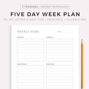 Five Day Weekly Planner Printable Student Planner Desk | Etsy