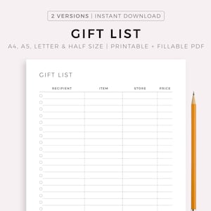 Simple Gift List Planner Printable, Gift Ideas, Gift Tracker, Gift ...