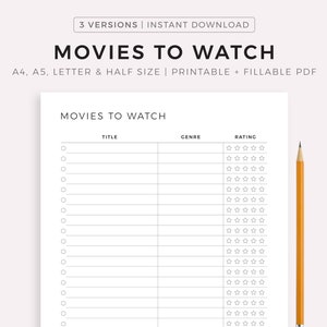 Movies to Watch List Printable, Movie Planner, Movie Tracker, Film ...