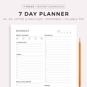 7 Day Planner Printable Daily Planner Weekly Planner Daily - Etsy