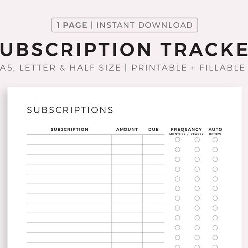 Subscription Tracker Printable Membership Checklist Expense - Etsy