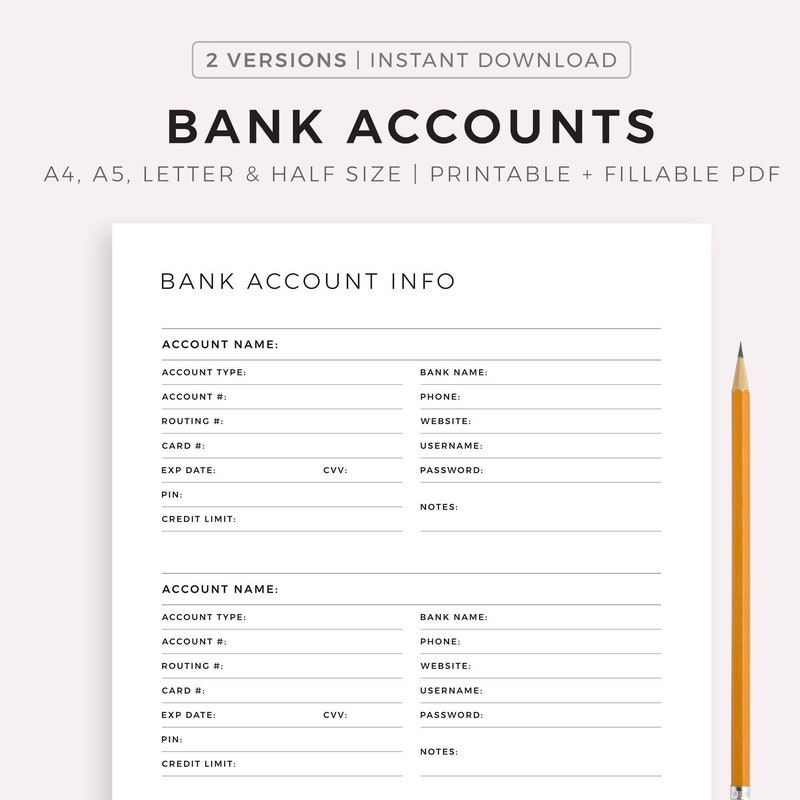 Bank Account Template - Etsy