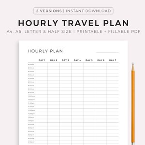 Hourly Travel Planner, Travel Schedule, Vacation Day Planner, Travel ...