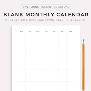 Blank Monthly Calendar Template Printable & Fillable, Undated Calendar ...