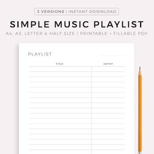 Simple Music Playlist Printable Favorite Songs, Fitness Songs, Happy ...