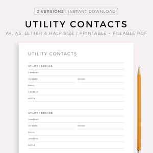 Utility Contacts Printable Template for Home / Business, Service ...