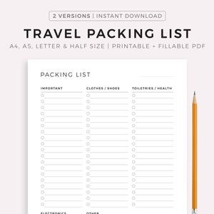 Printable Travel Packing List Travel Documents, Electronics, Clothes ...
