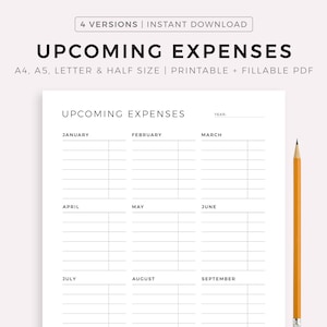 Upcoming Expenses Printable, Yearly Spending Overview, Budget Plan, A4 ...