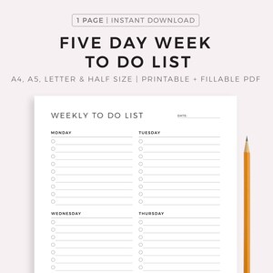 Five Day Week to Do List Printable, Minimal Weekly Planner Template ...