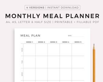 Monthly Meal Planner Printable, Menu Planner, Food Planner, Diet ...