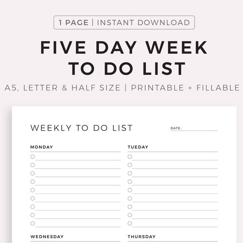 Five Day Week to Do List Printable Minimal Weekly Planner - Etsy