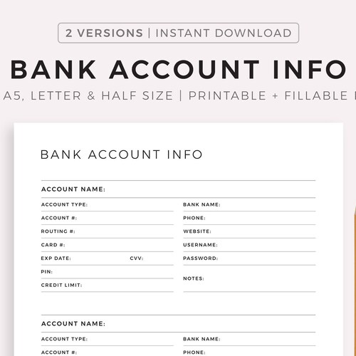 Bank Account Information Tracker Printable Financial Account - Etsy