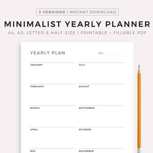 Minimalist Yearly Planner on One Page, Year at a Glance, Annual ...