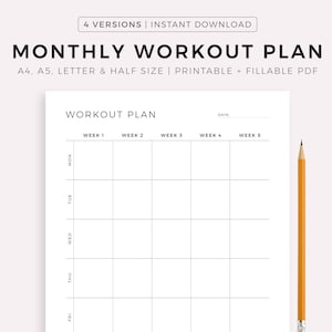 Monthly Workout Planner Printable, 30 Days Fitness Planner, Exercise ...