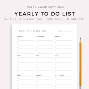 Yearly to Do List, Yearly Tasks, Yearly Planner, Annual Planner ...