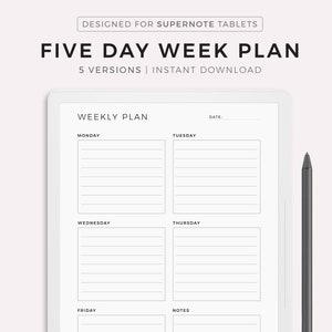 Five Day Weekly Planner for Supernote A5X2/A5X/A5/A6X2/A6X/A6, Weekly ...