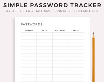 Password Tracker Printable & Fillable PDF, Password Log, Password ...