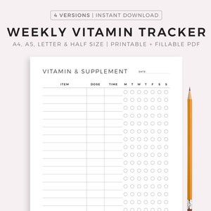Weekly Vitamin Tracker Printable, Supplement Checklist, Daily Vitamin ...