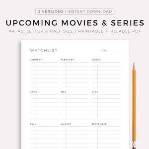 Upcoming Movies & TV Series to Watch, Printable and Fillable Template ...