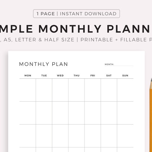 Simple Monthly Planner Printable Minimal Monthly Schedule - Etsy