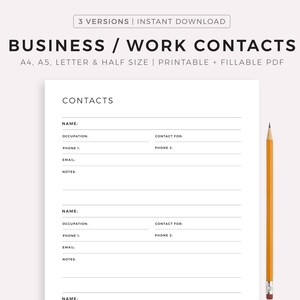 Business / Work Contacts Printable & Fillable Template PDF, A4/a5 ...