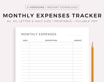 Monthly Expenses Tracker Printable, Spending Log, Purchase Recorder ...