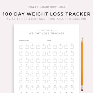 100 Day Weight Loss Tracker Printable, Weight Loss Challenge, Weight ...