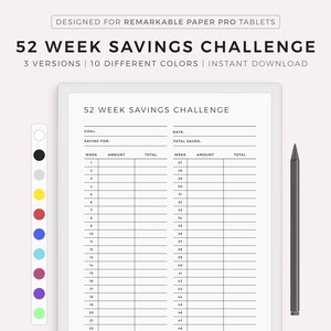 52 Week Savings Challenge for Remarkable Paper Pro, Yearly Saving Plan ...